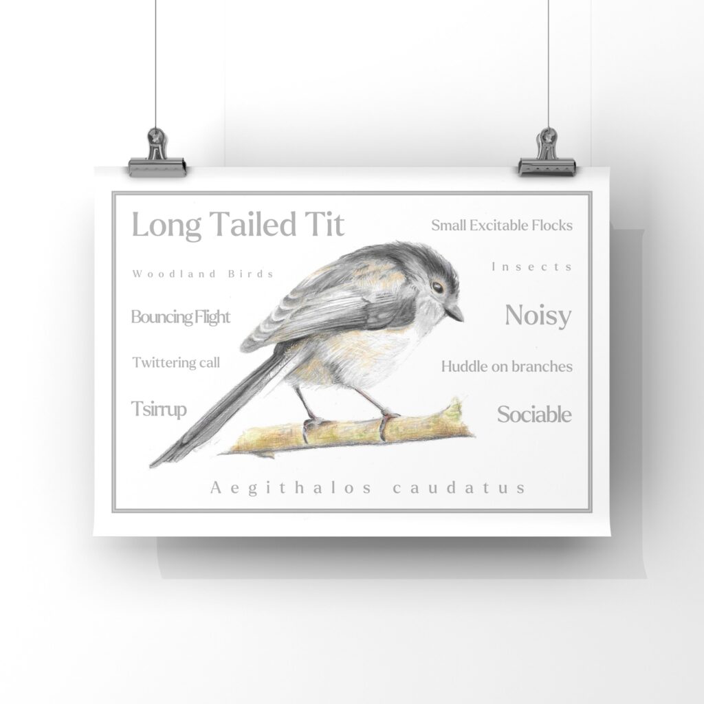Wordy Long Tailed Tit Print : Bird Art (A4) - Louise Green Animal Artist